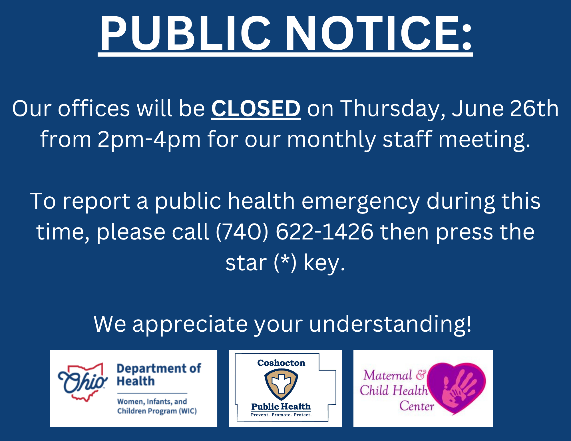 Office Closure – June 26th (Staff Meeting) – Coshocton Public Health ...